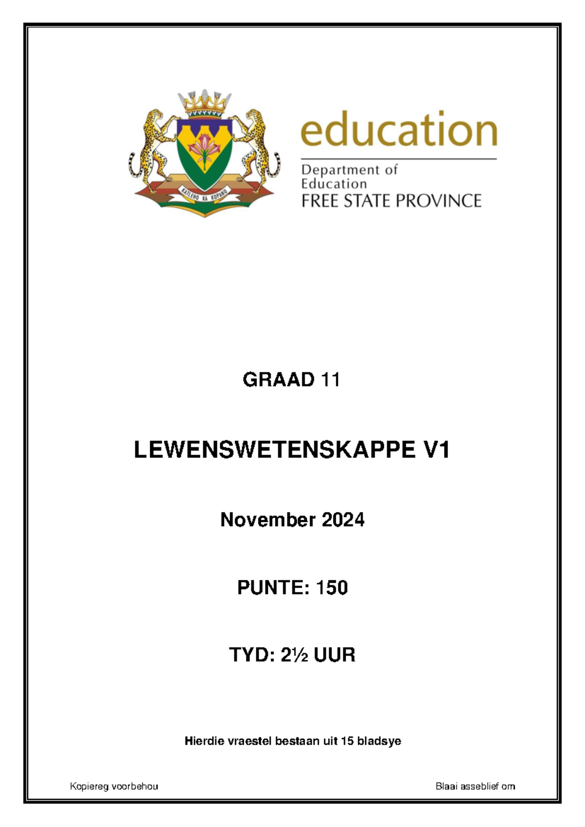 GRAAD 11 LEWENSWETENSKAPPE P1 November 2024 Eksamen Vraestel - Studocu
