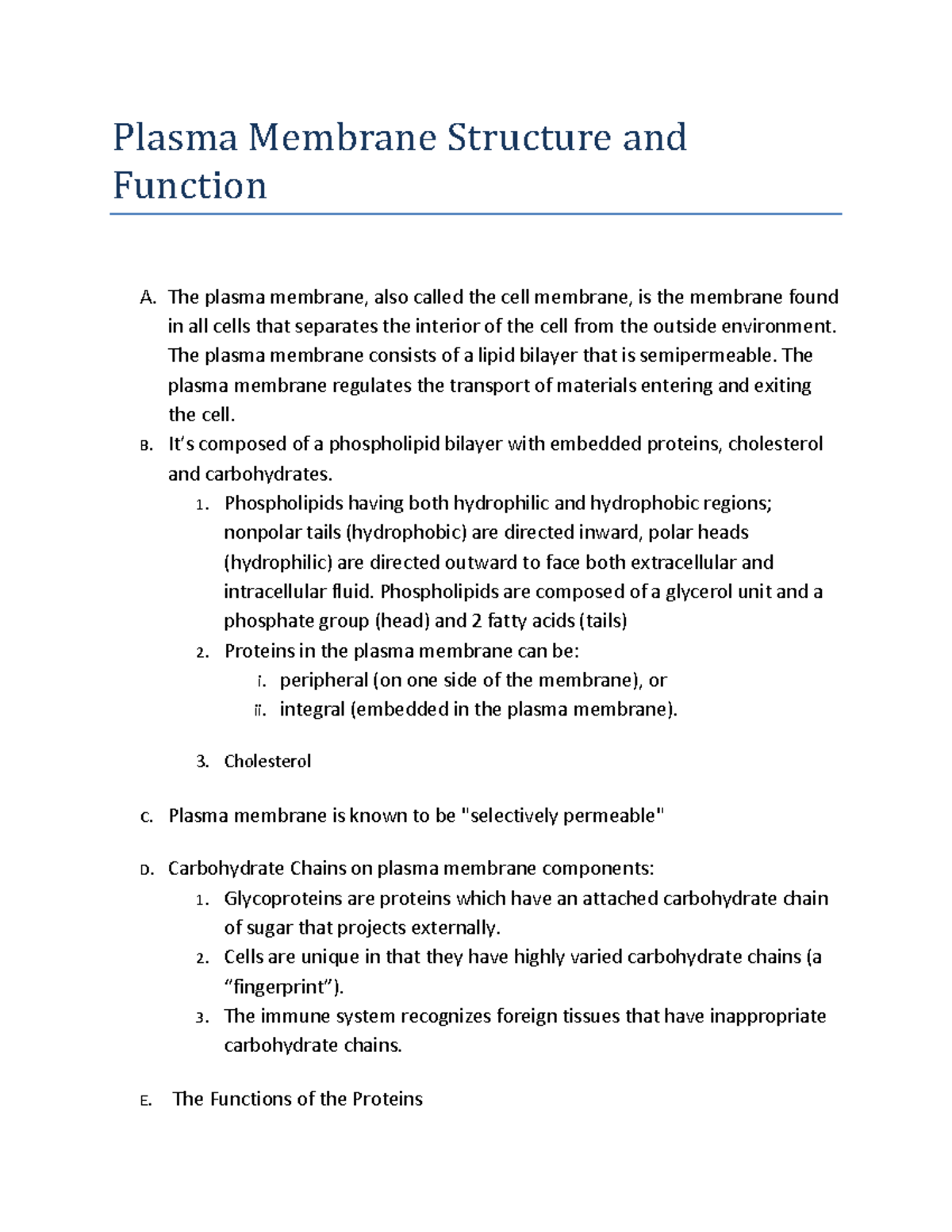 Plasma Membrane Structure and Function (BIO 101 Lecture Notes) - Plasma ...