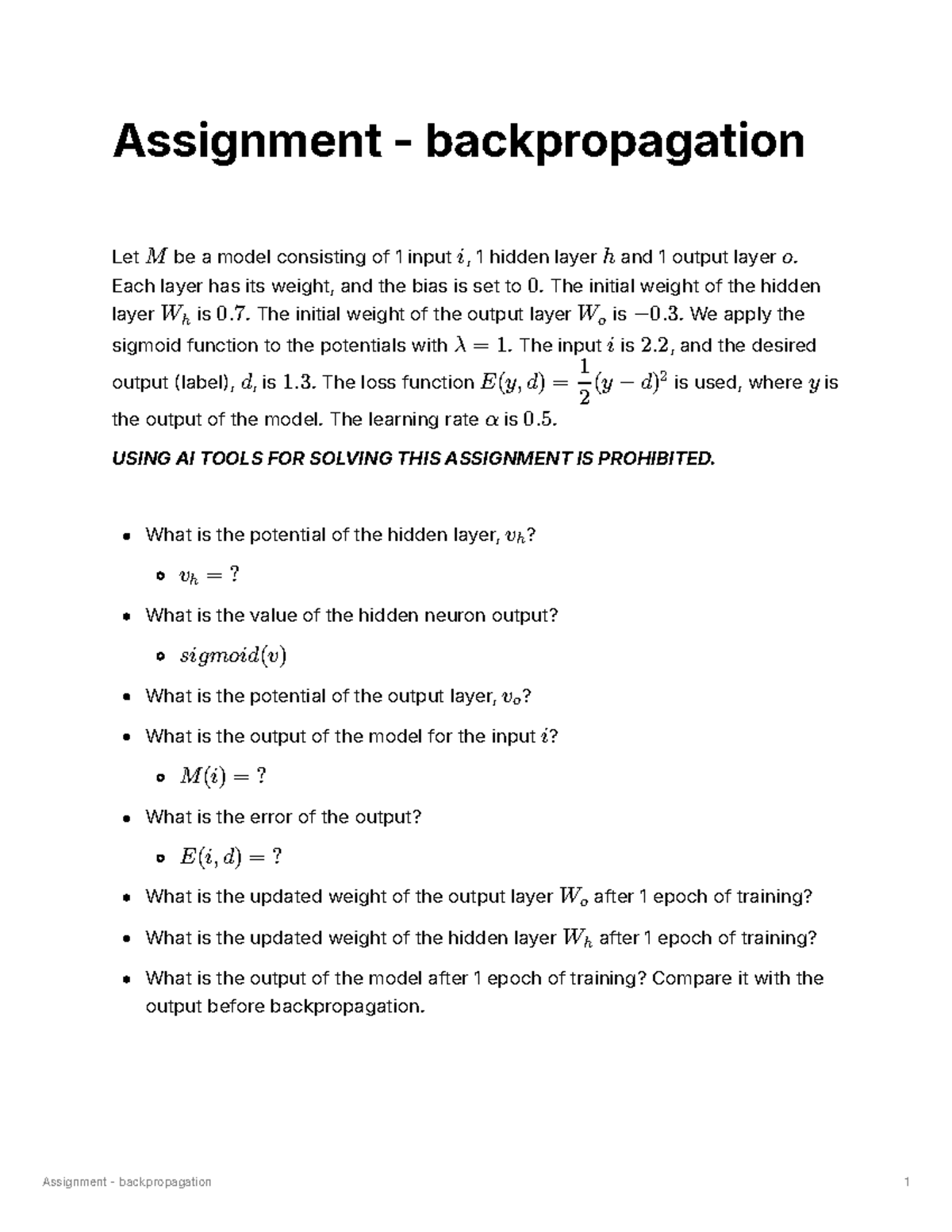 Assignment-backpropagation - Assignment - backpropagation 1 Assignment - backpropagation Let be ...