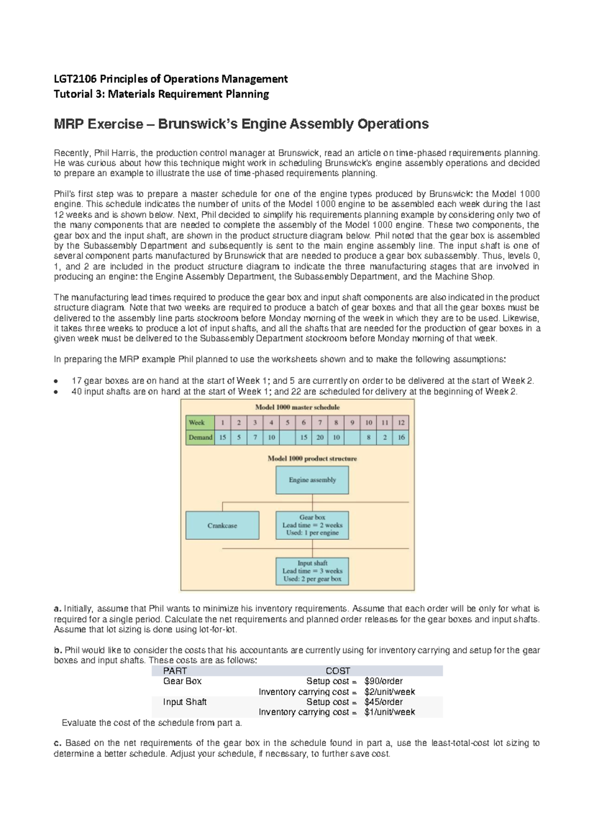 LGT2106 Tutorial 3: MRP Exercise on Engine Assembly Operations - Studocu