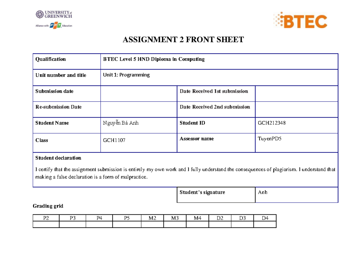 Assignment 2 Nguyễn Bá Anh - ASSIGNMENT 2 FRONT SHEET Qualification BTEC Level 5 HND Diploma in ...