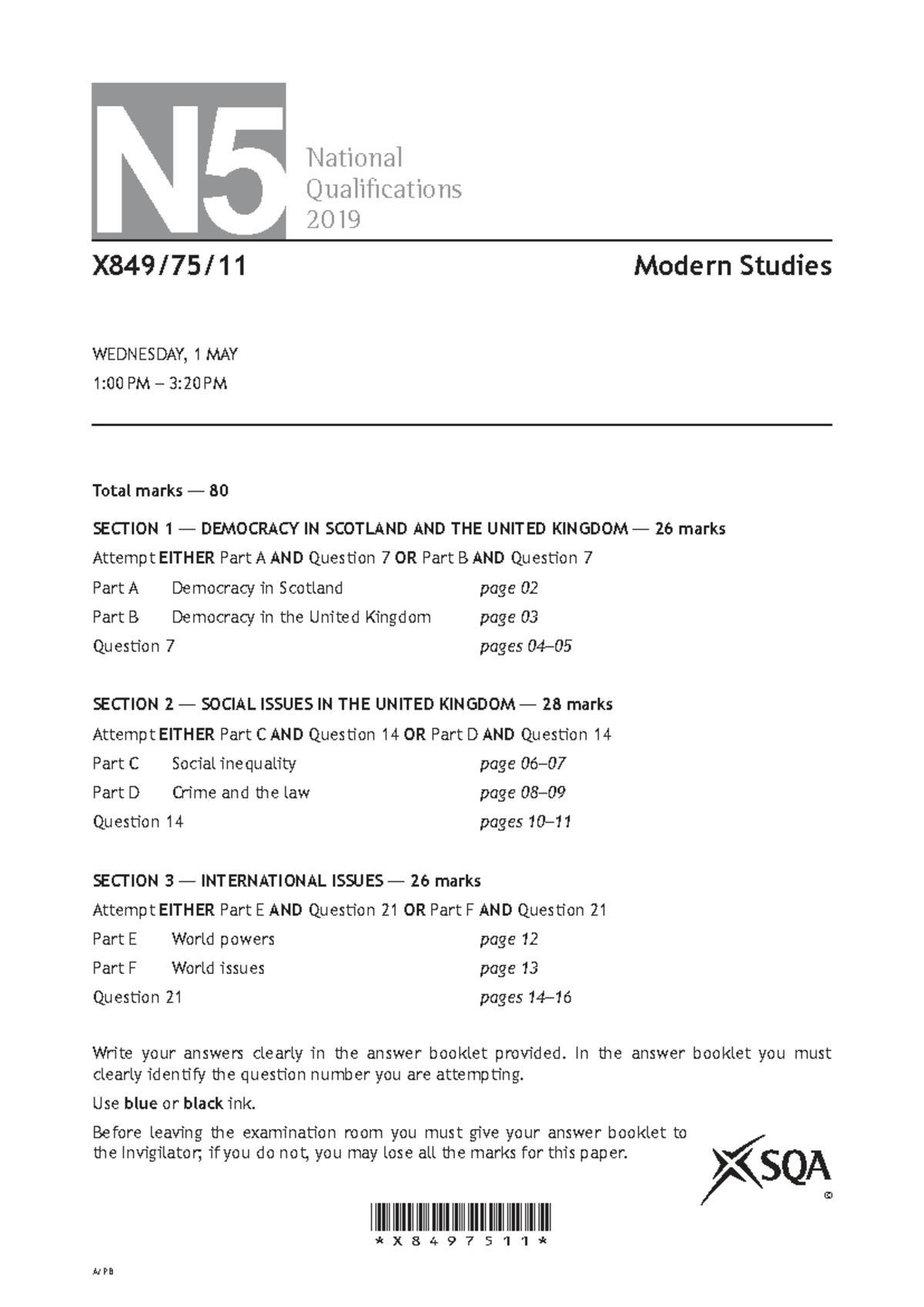 N5 Modern Studies 2019 Question Paper - Exam Details and Sections - Studocu