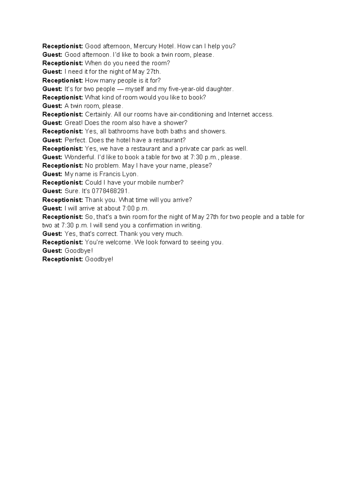 Hotel Booking Conversation: Mercury Hotel Receptionist Interaction ...