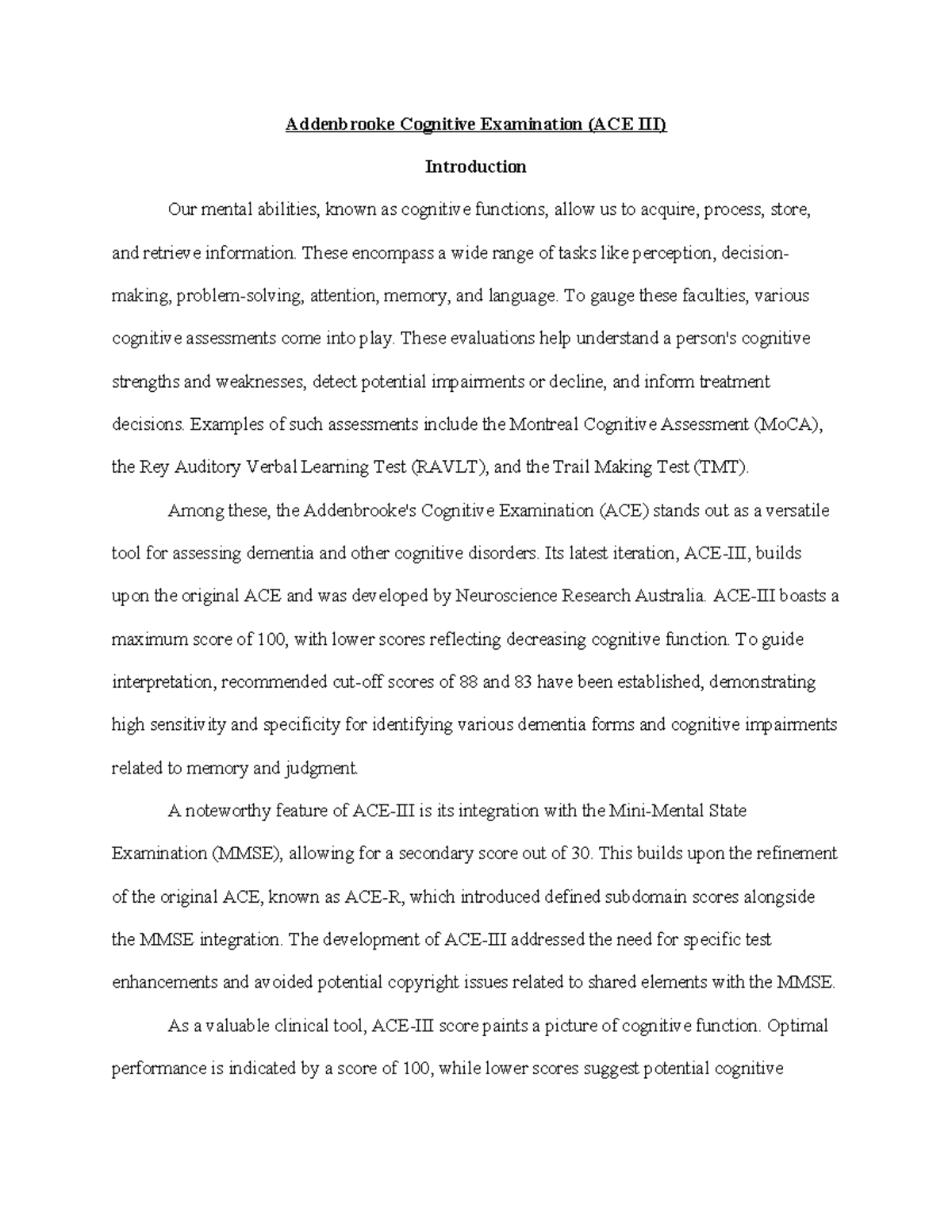 ACE III Cognitive Examination Report: Overview & Methodology - Studocu