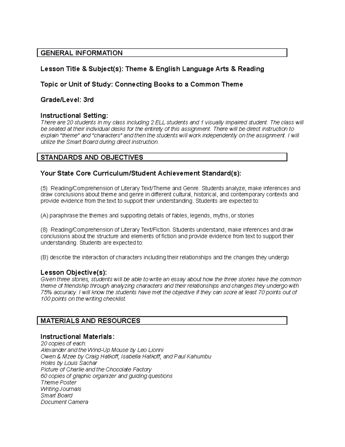 Children's Literature Task 3 Lesson Plan - GENERAL INFORMATION Lesson ...