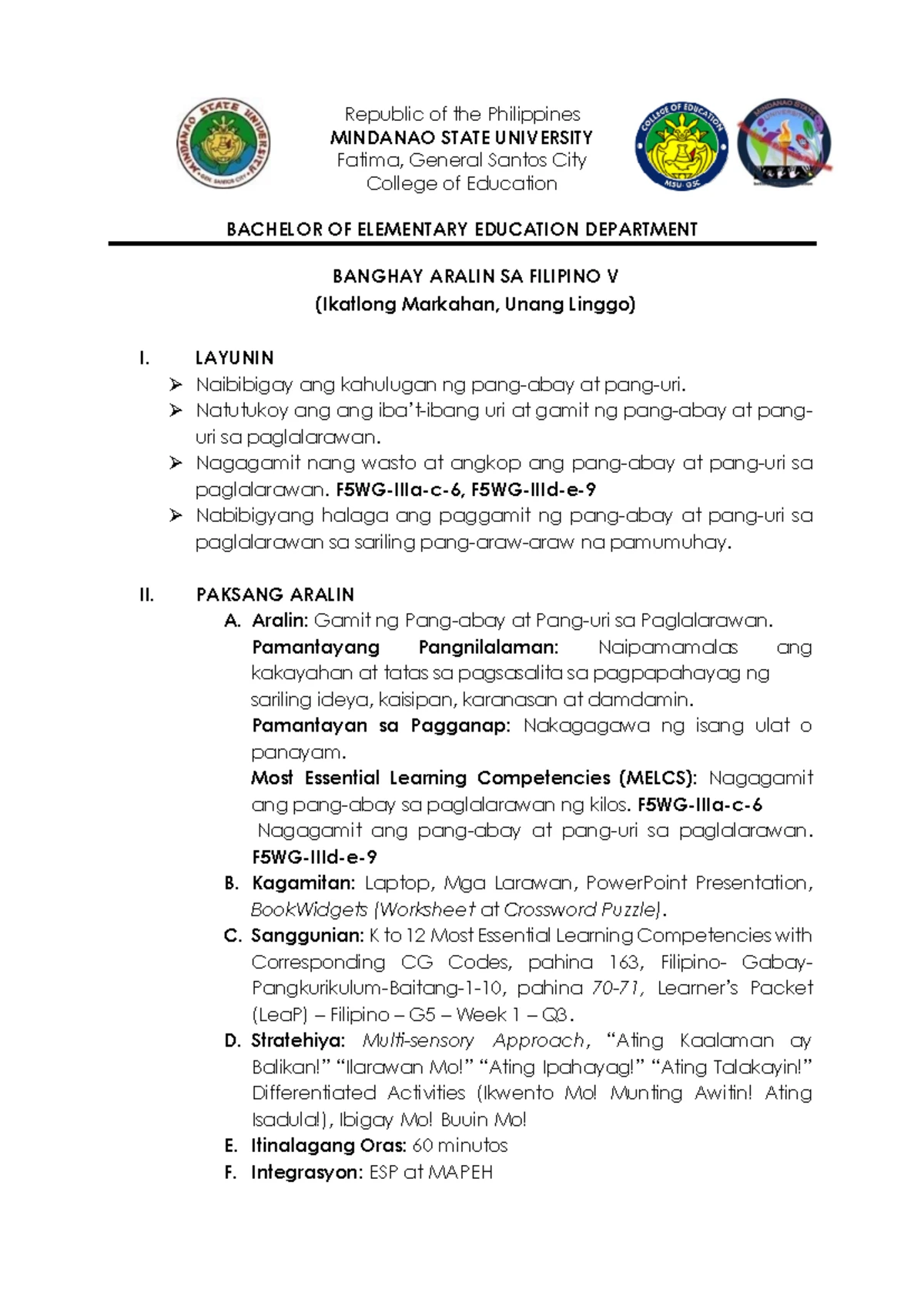 Makabansa 1 Q1 W1 Matatag Lesson Plan and Curriculum Guide - Studocu