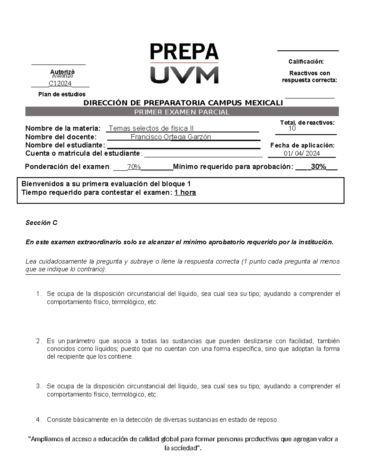 Formato de Examen Extraordinario Fisica II UVM - 1er Parcial 2024 - Studocu