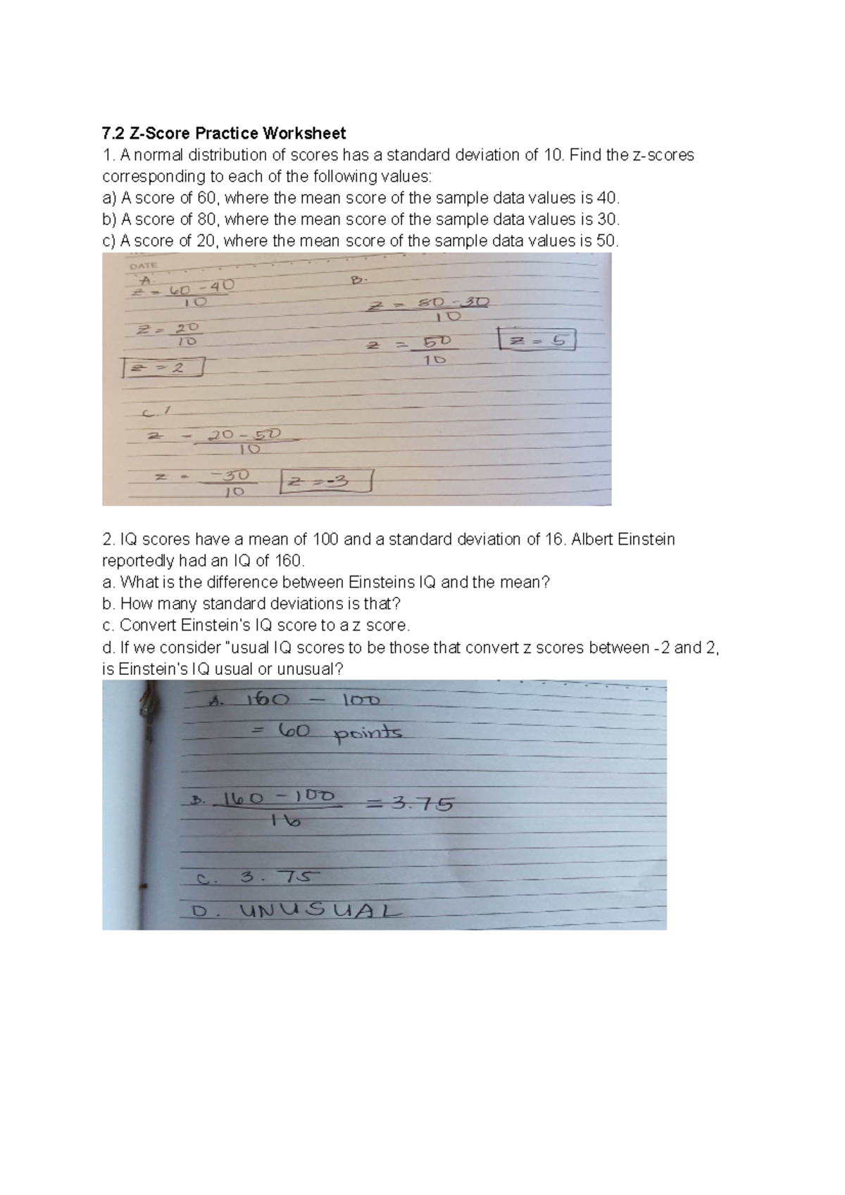 Z Score Worksheet Z Score Teaching Resources :: 73 96