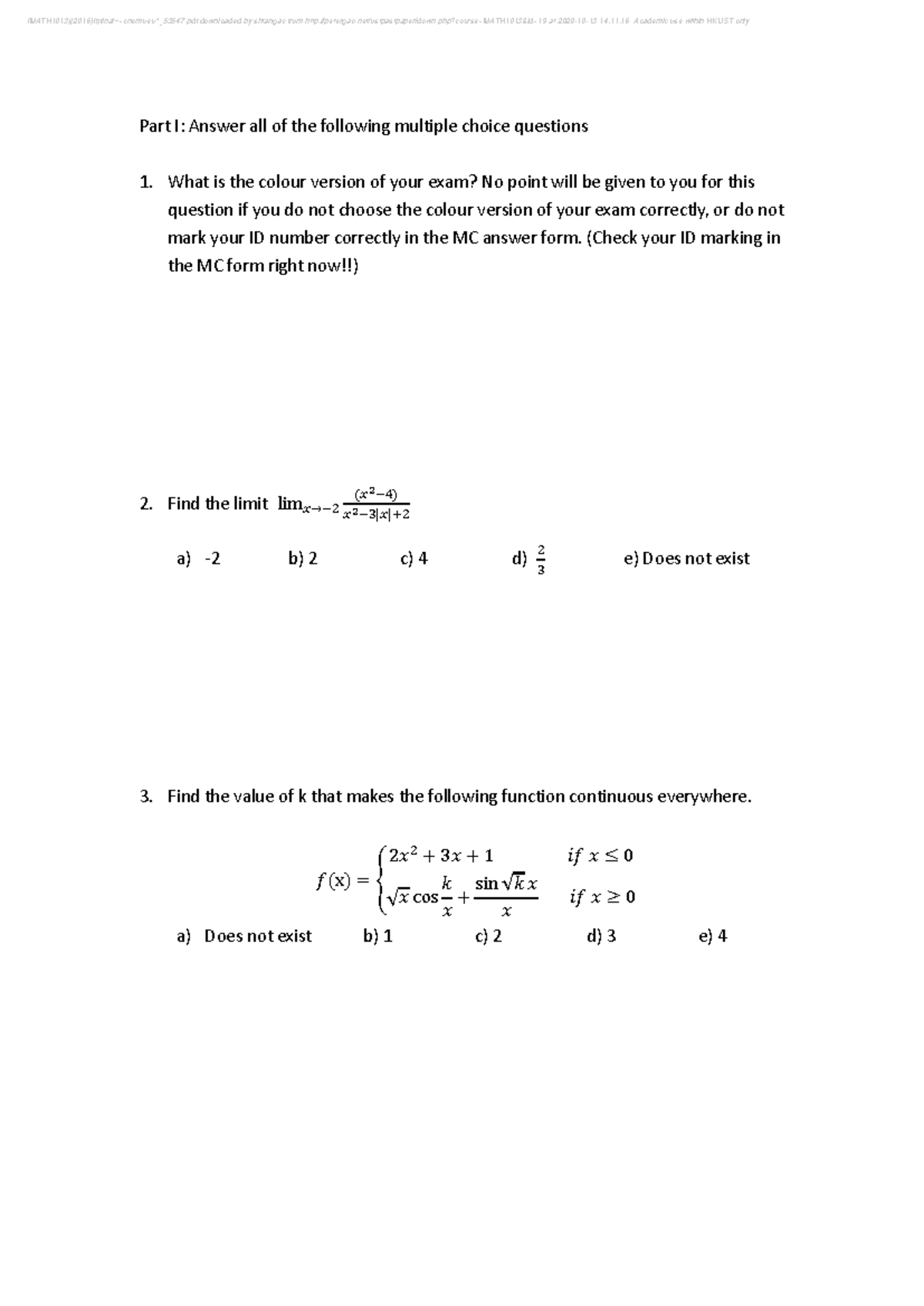 (MATH1013) Final Exam Paper - Multiple Choice Questions Guide - Studocu