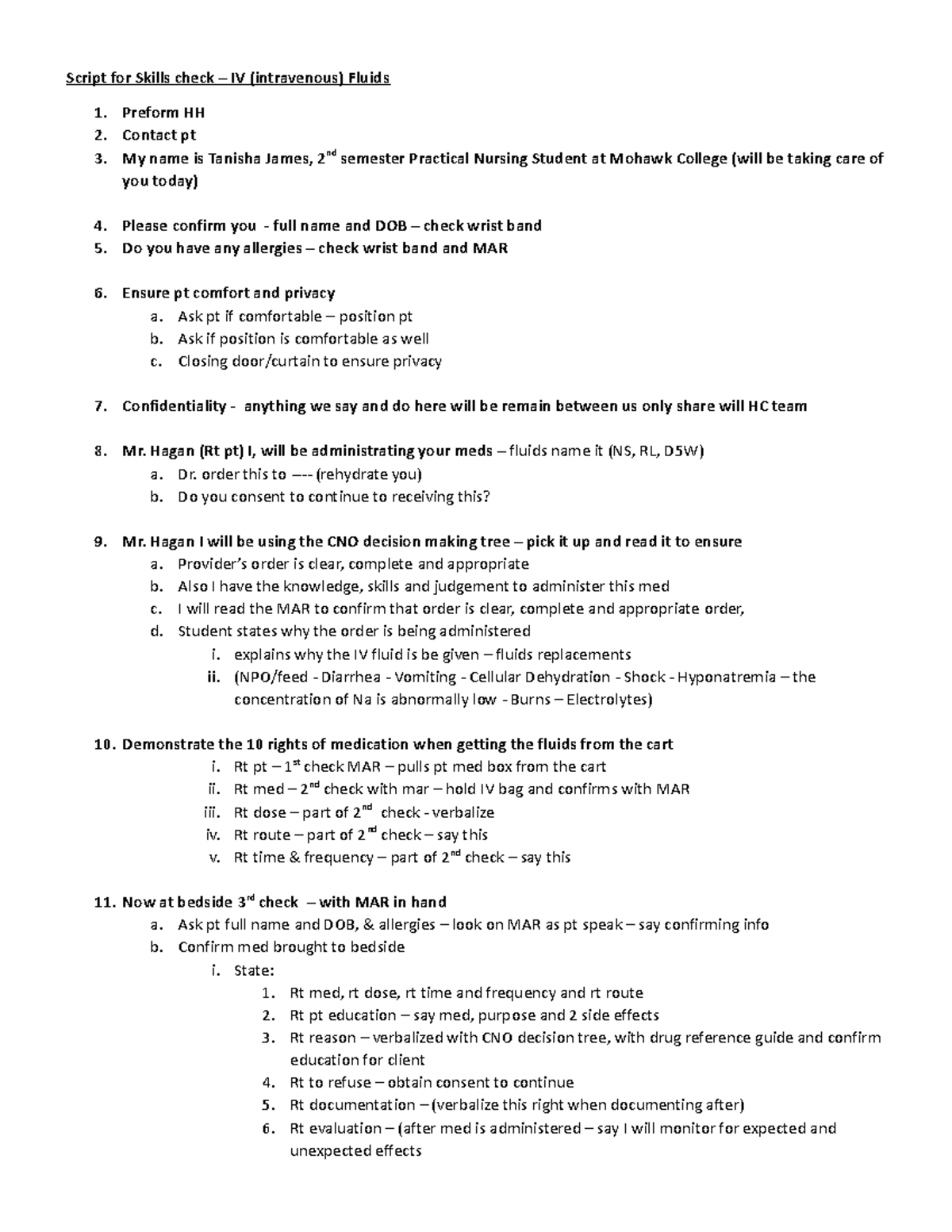 IV Fluids Administration Script - Practical Nursing - Semester 2 - Studocu