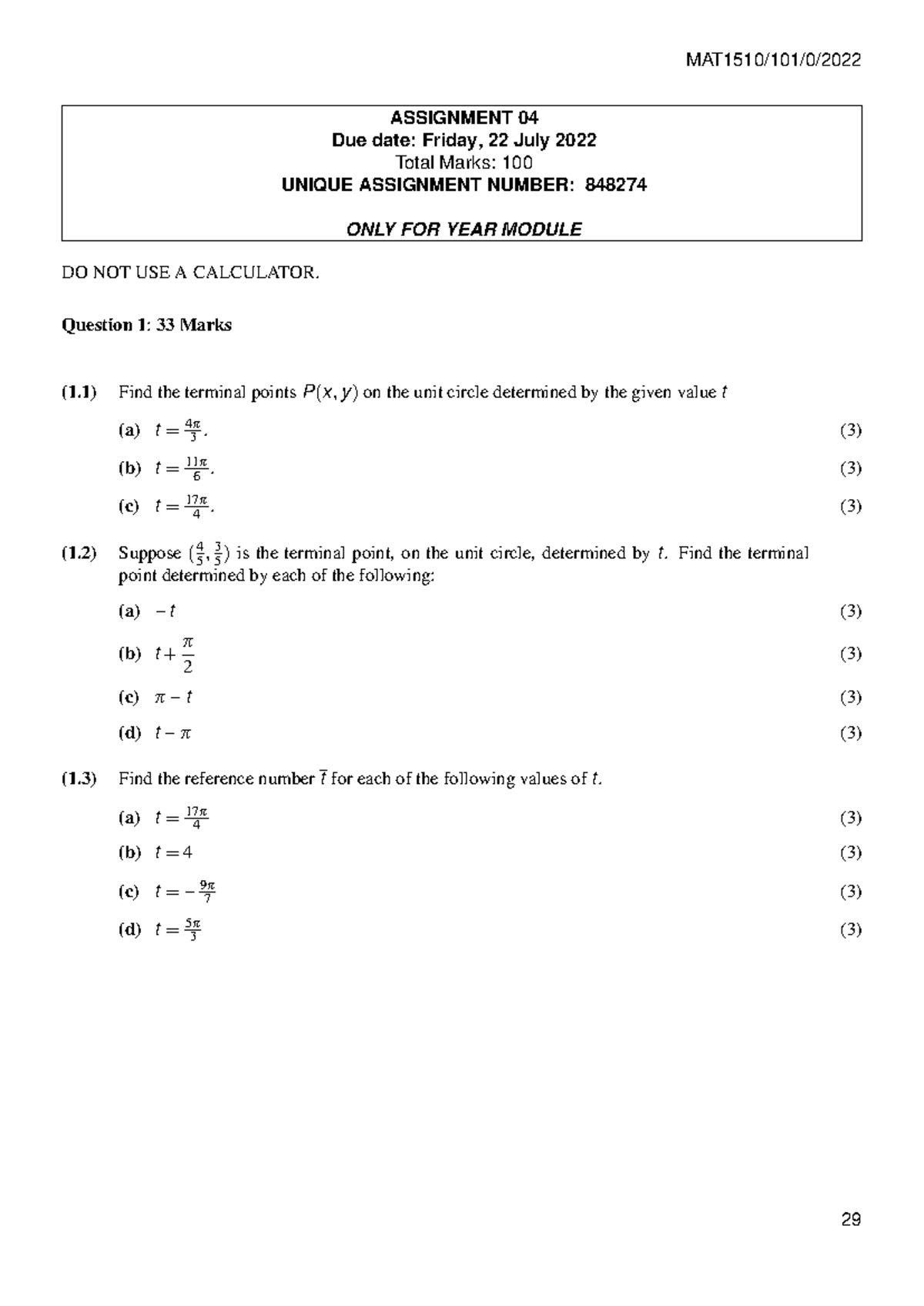 MAT1510 Assignment 04 - Terminal Points & Functions Analysis - Studocu