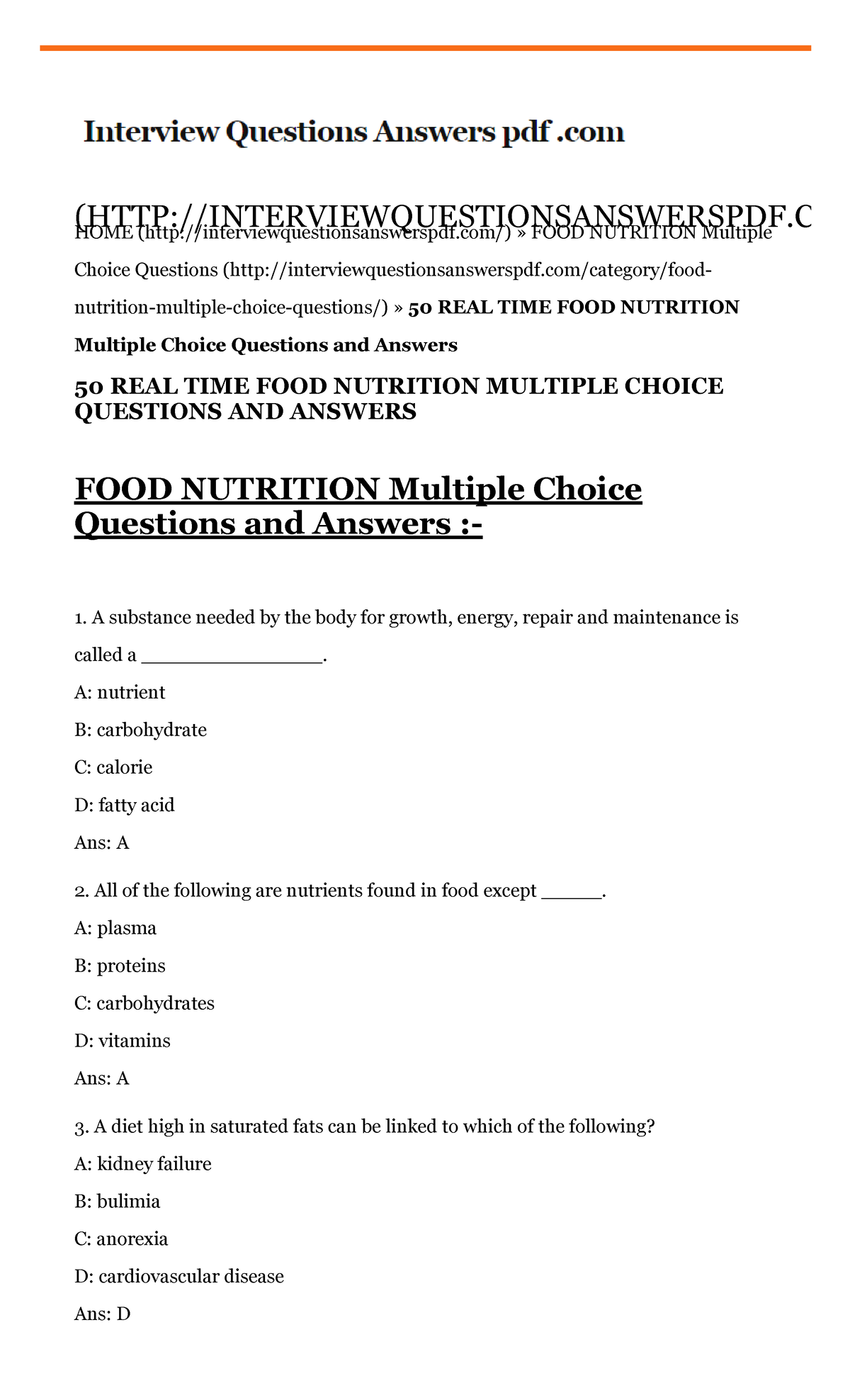 50 Multiple Choice Questions on Food Nutrition (2017) - Studocu