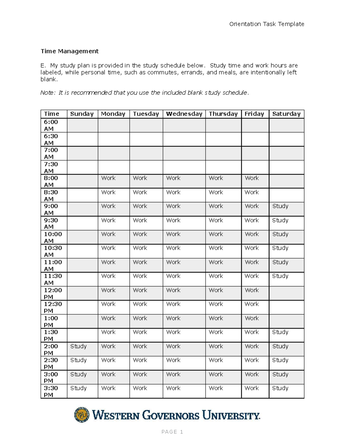 Orientation Task: Time Management Study Schedule Template - Studocu