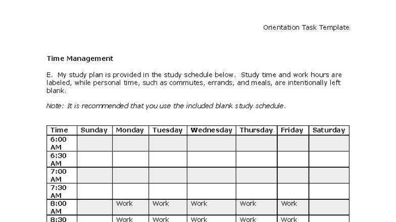 Orientation Task: Time Management Study Schedule Template - Studocu