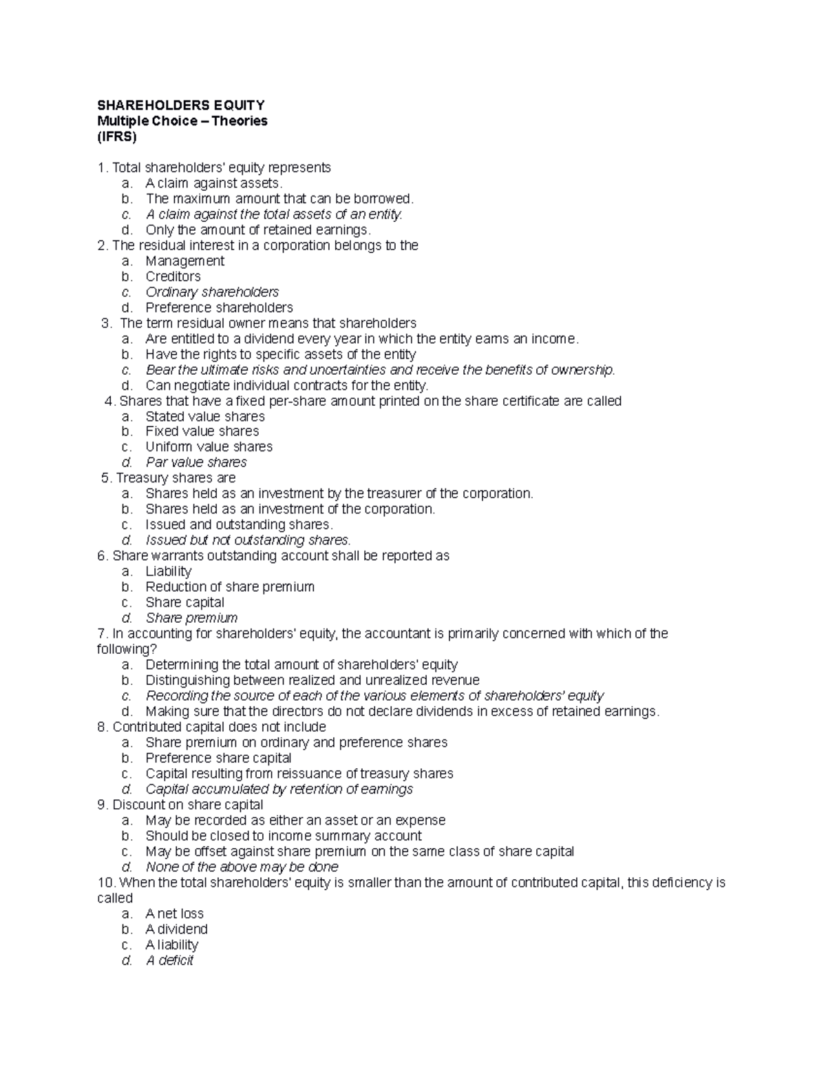 Exercises on Shareholders Equity for Valix (IFRS) - Multiple Choice ...