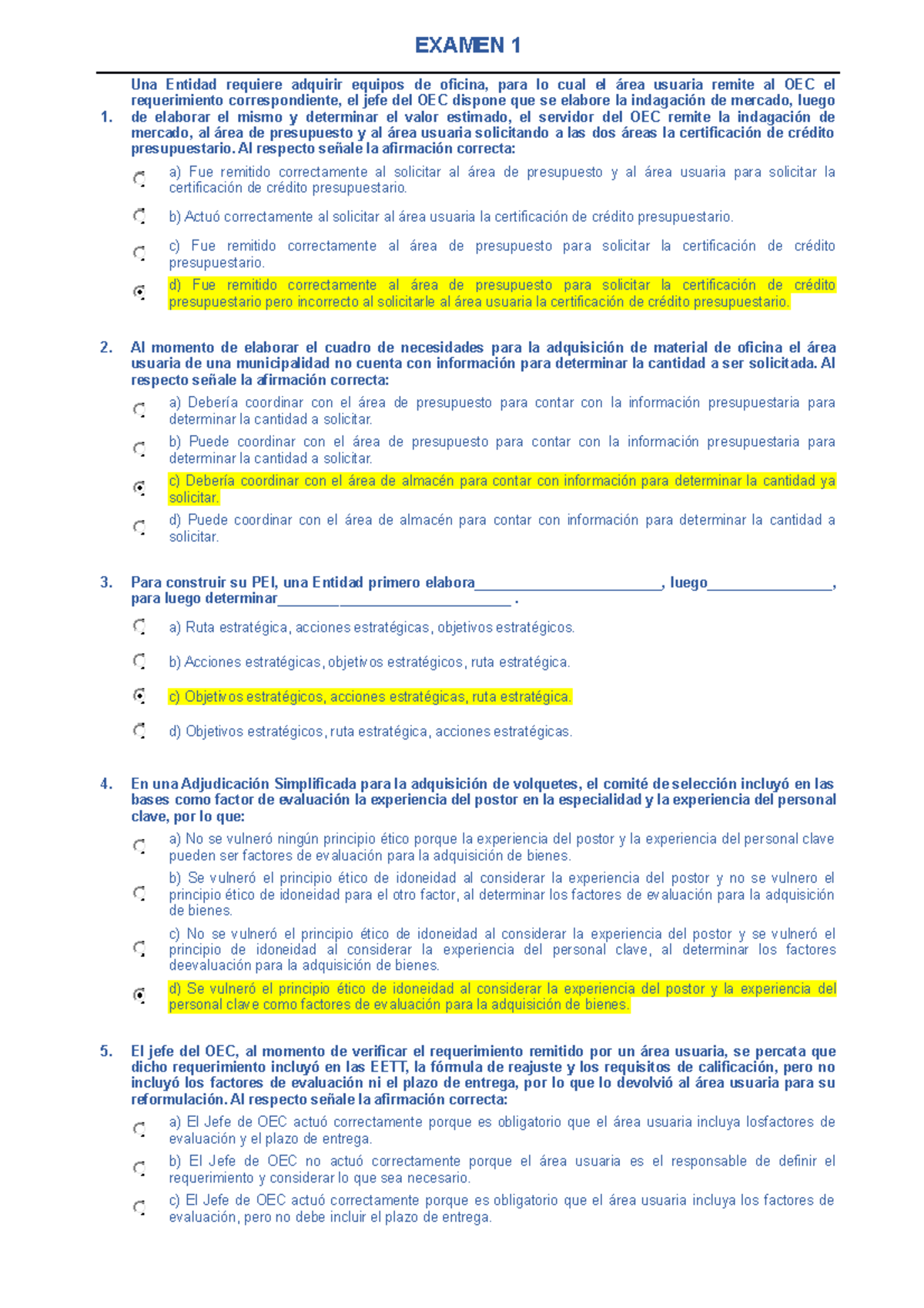 Examen 1 - Contrataciones 2: Preguntas y Respuestas Clave - Studocu