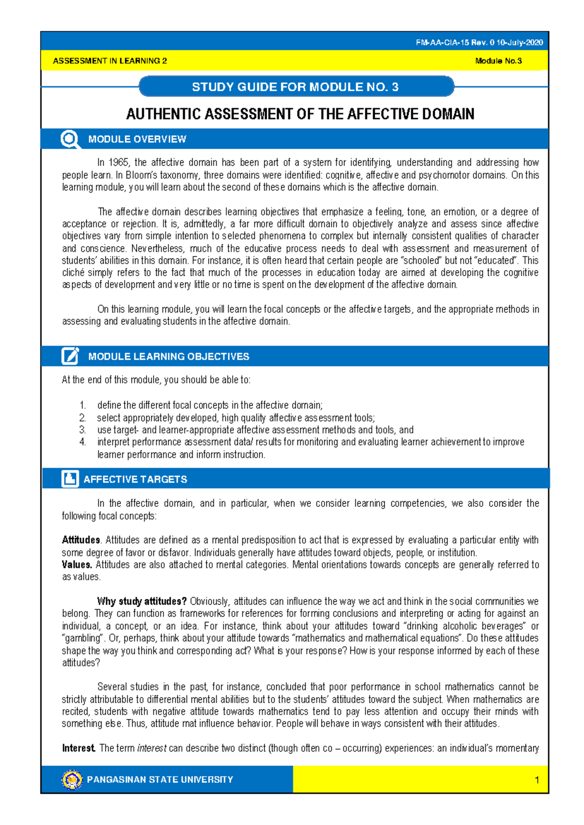 Assessment in Learning 2 - Module 3 Study Guide: Affective Domain - Studocu