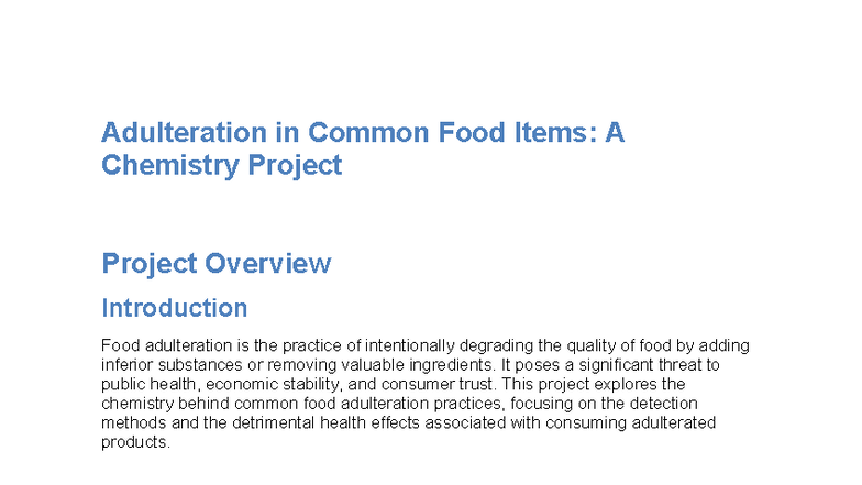 Chemistry Project: Food Adulteration Analysis and Detection - Studocu