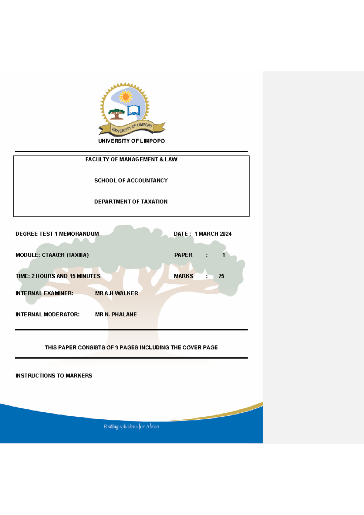 Test 1 Memo - CTAA031 - Taxation Module March 2024 - Studocu