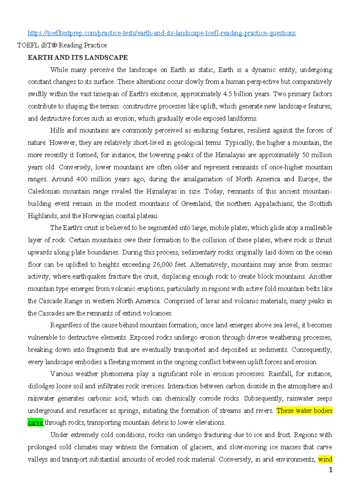 TOEFL Reading Practice: Earth and Its Dynamic Landscapes - Studocu