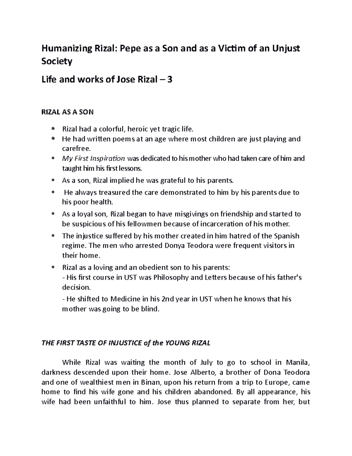 Life and works of Jose Rizal - 3 - Humanizing Rizal: Pepe as a Son and ...