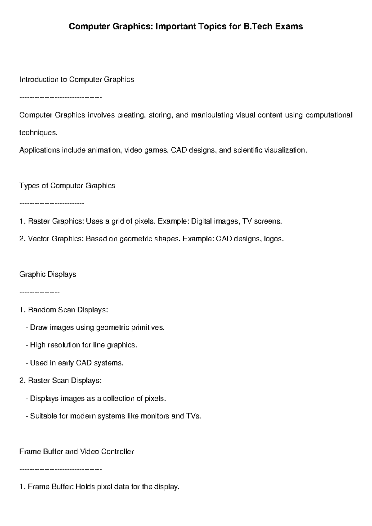 Computer Graphics: Key Topics for B.Tech Exams and Concepts - Studocu