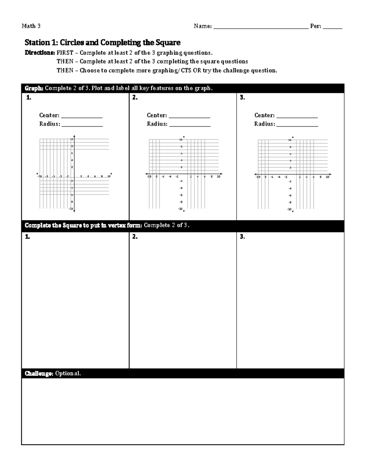 Math 3 Stations Practice: Circles, Ellipses, and Hyperbolas - Studocu