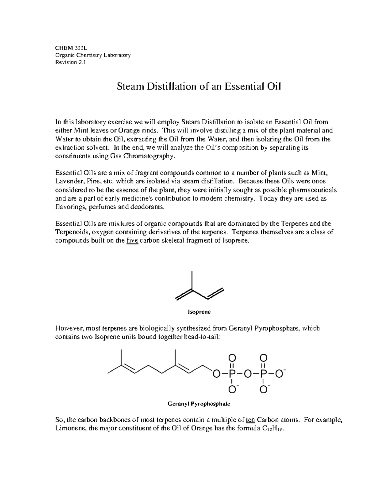 Chem 101 Organic chemistry lab: Steam distillation of essential oils ...