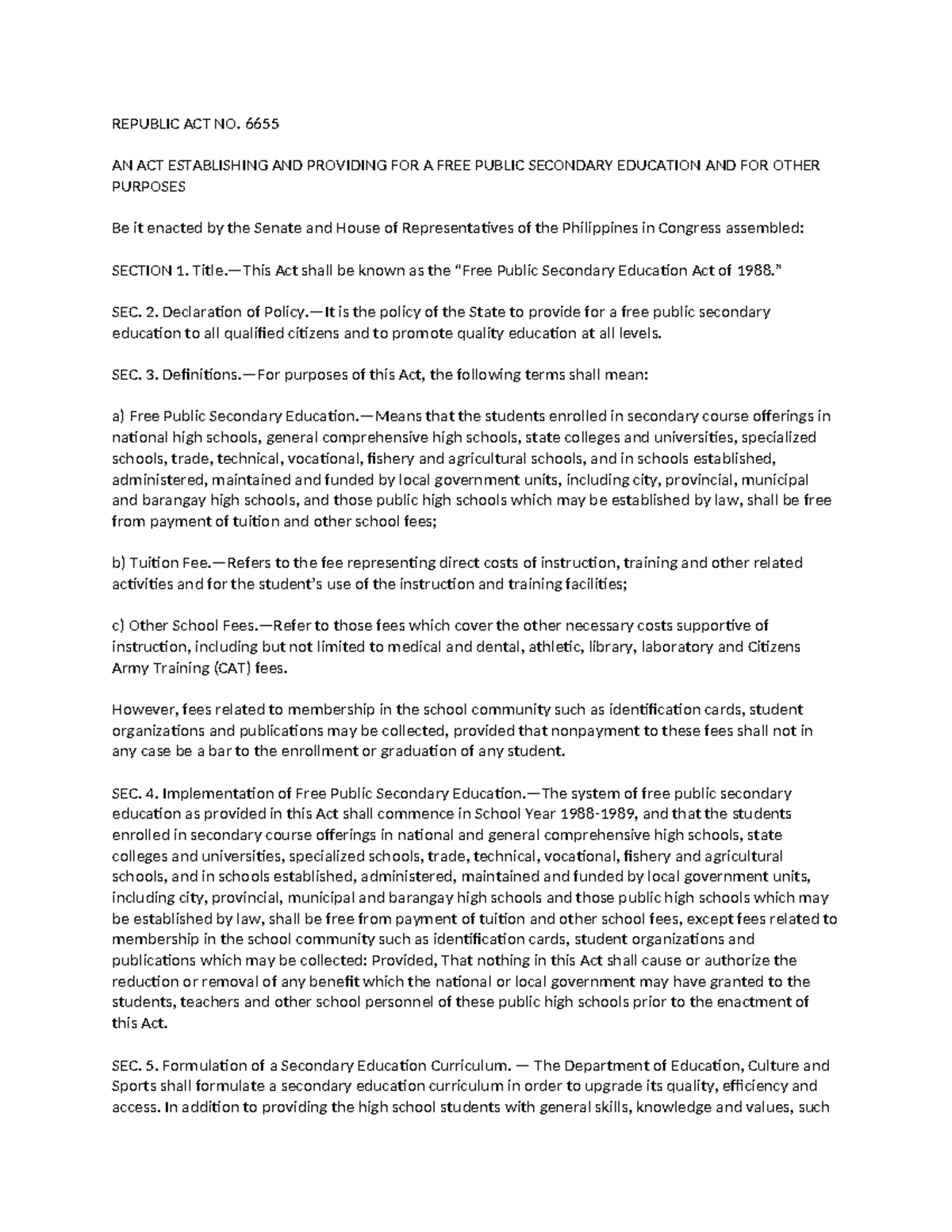 Sts - STS - REPUBLIC ACT NO. 6655 AN ACT ESTABLISHING AND PROVIDING FOR ...