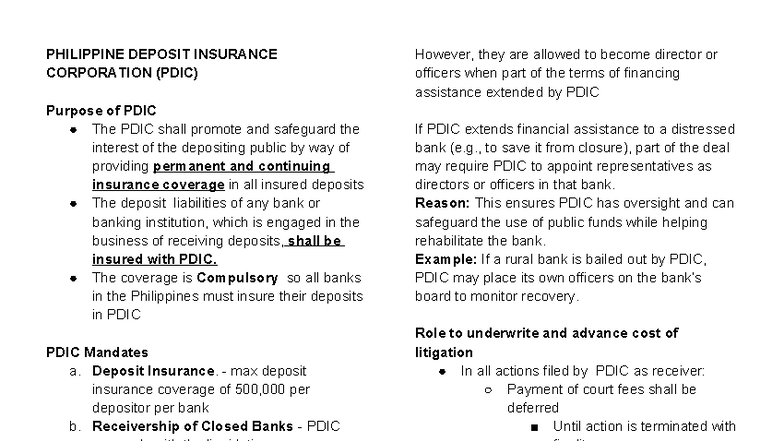 PDIC Overview: Key Functions and Responsibilities Explained - Studocu
