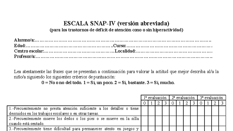 Escala Snap-IV: Evaluación de Trastornos de Atención (ESCALA) - Studocu