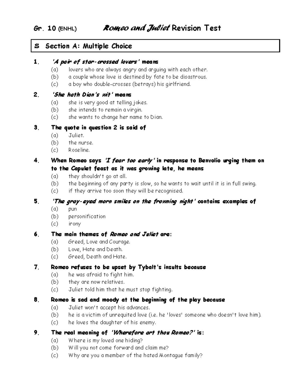 Gr. 10 (ENHL) Romeo and Juliet Revision Test: Multiple Choice ...