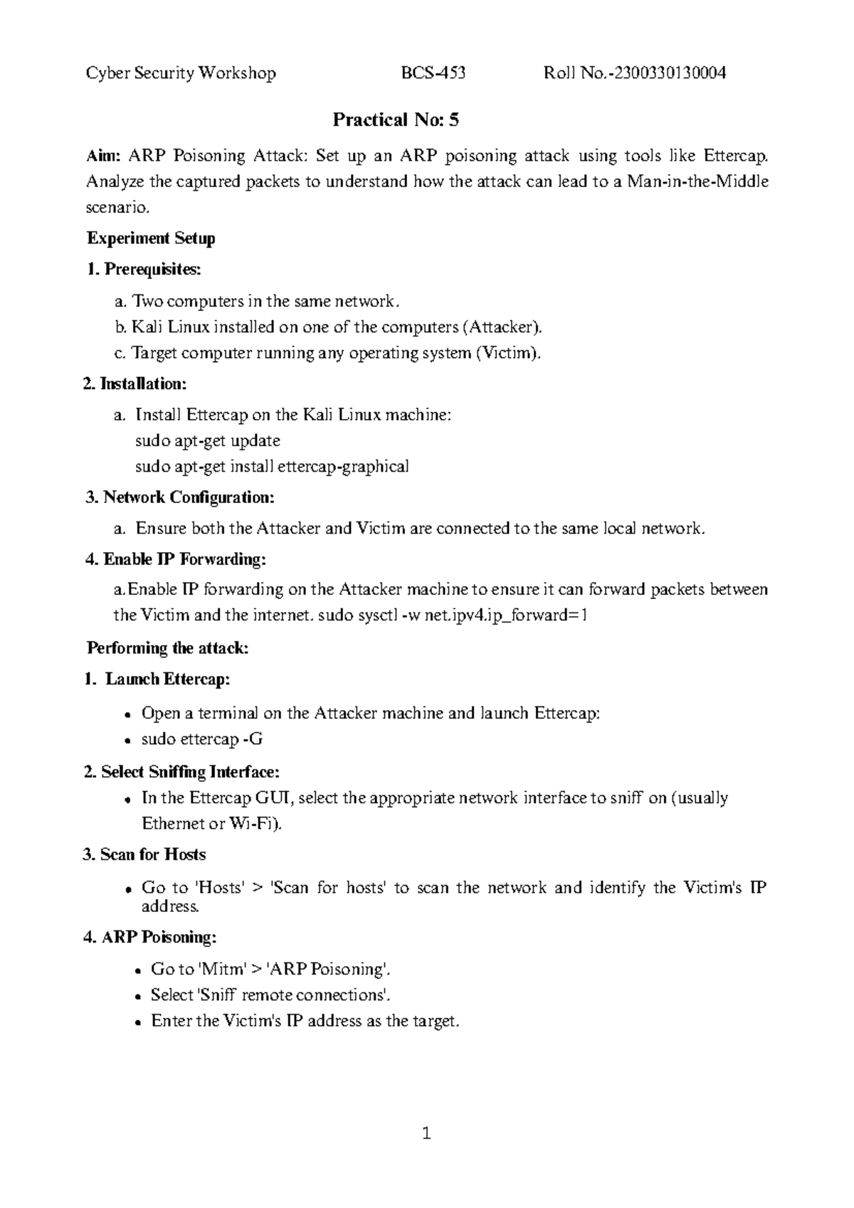 Cyber Security Workshop: Practical No. 5 - ARP Poisoning Attack Guide - Studocu