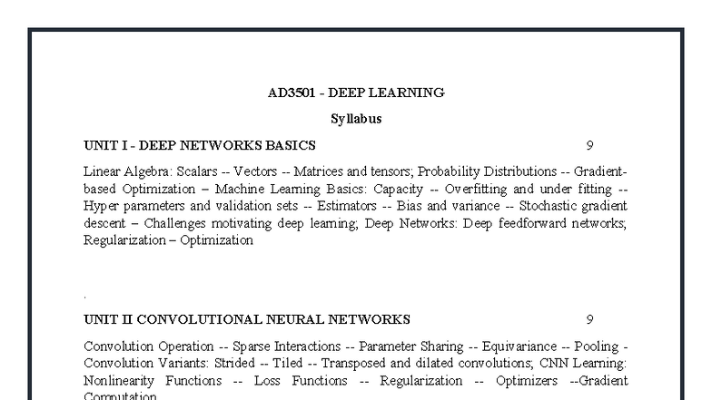 AD3501 Deep Learning Course Syllabus and Overview - Studocu