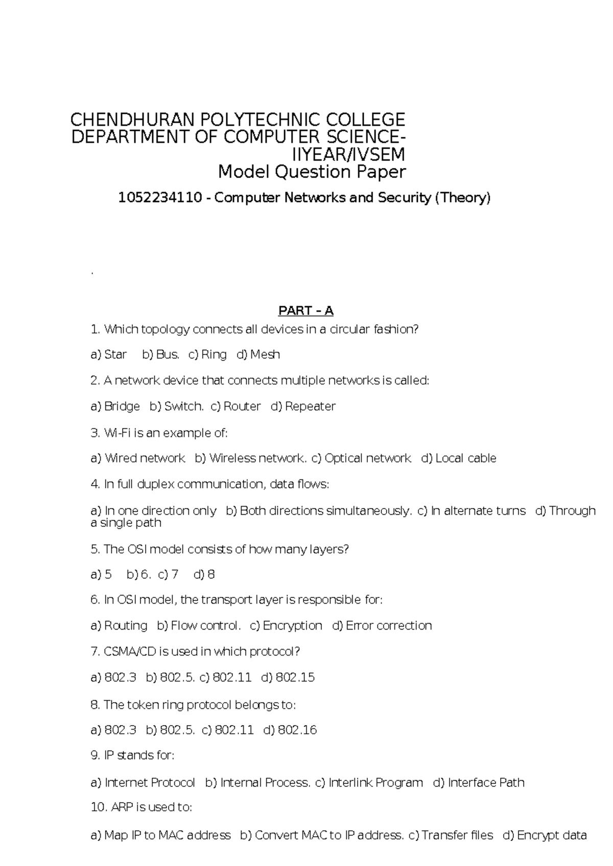 1052234110 - Model Question Paper on Computer Networks & Security - Studocu