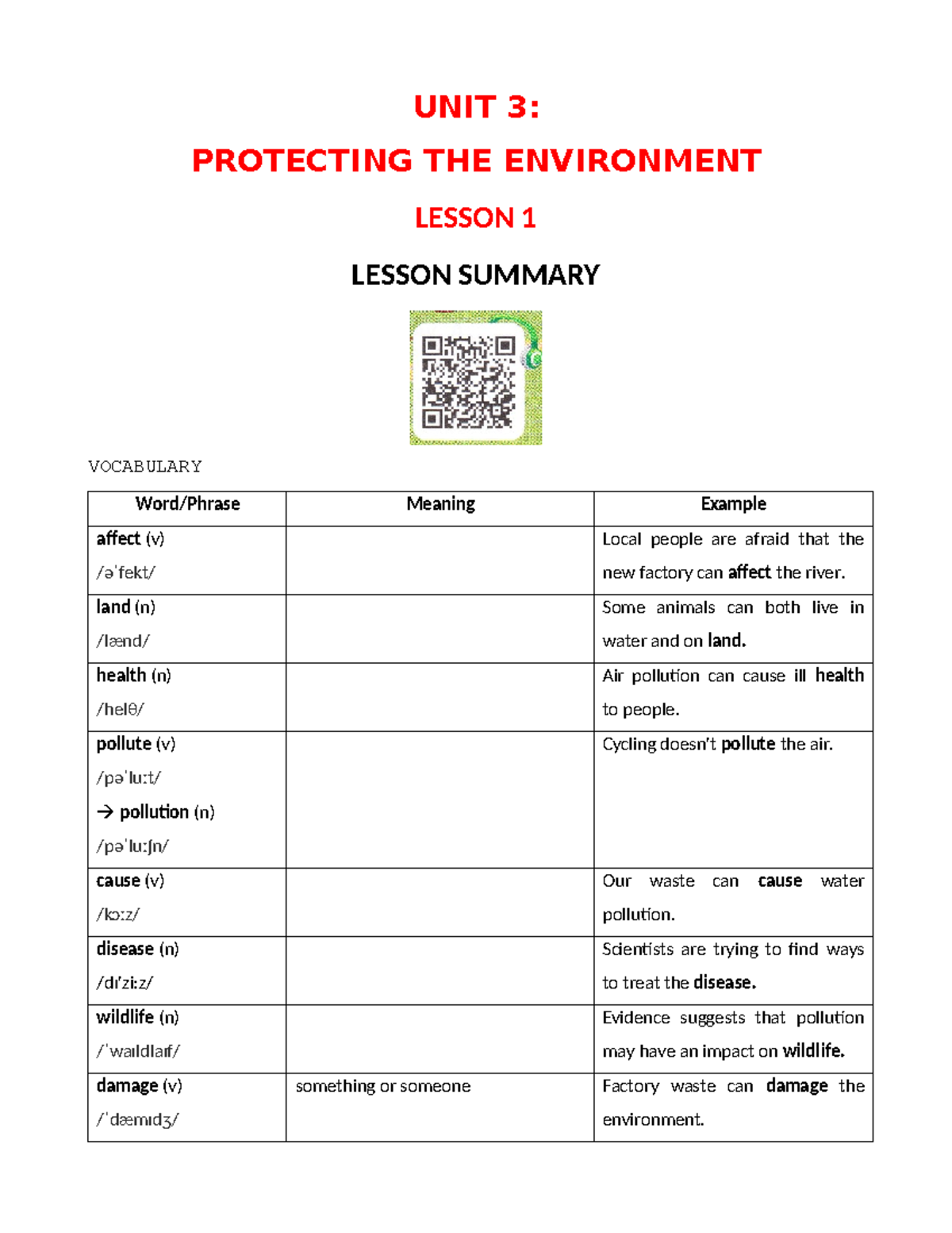 UNIT 3: Protecting the Environment - Lesson Summaries and Vocabulary ...