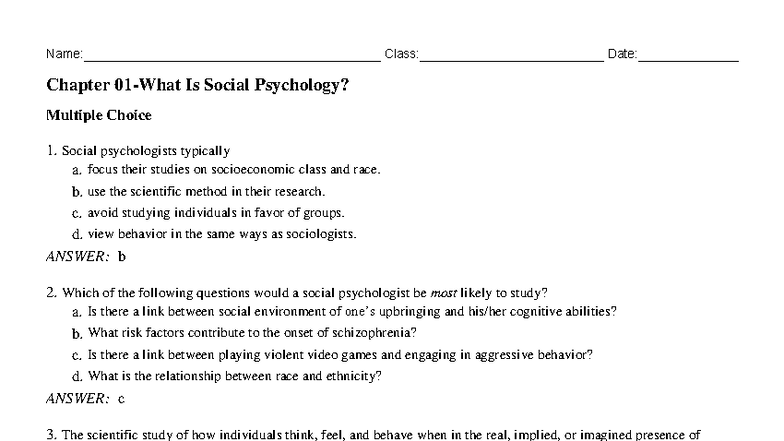 Chapter 01 - What Is Social Psychology? (PSY 101) Multiple Choice ...