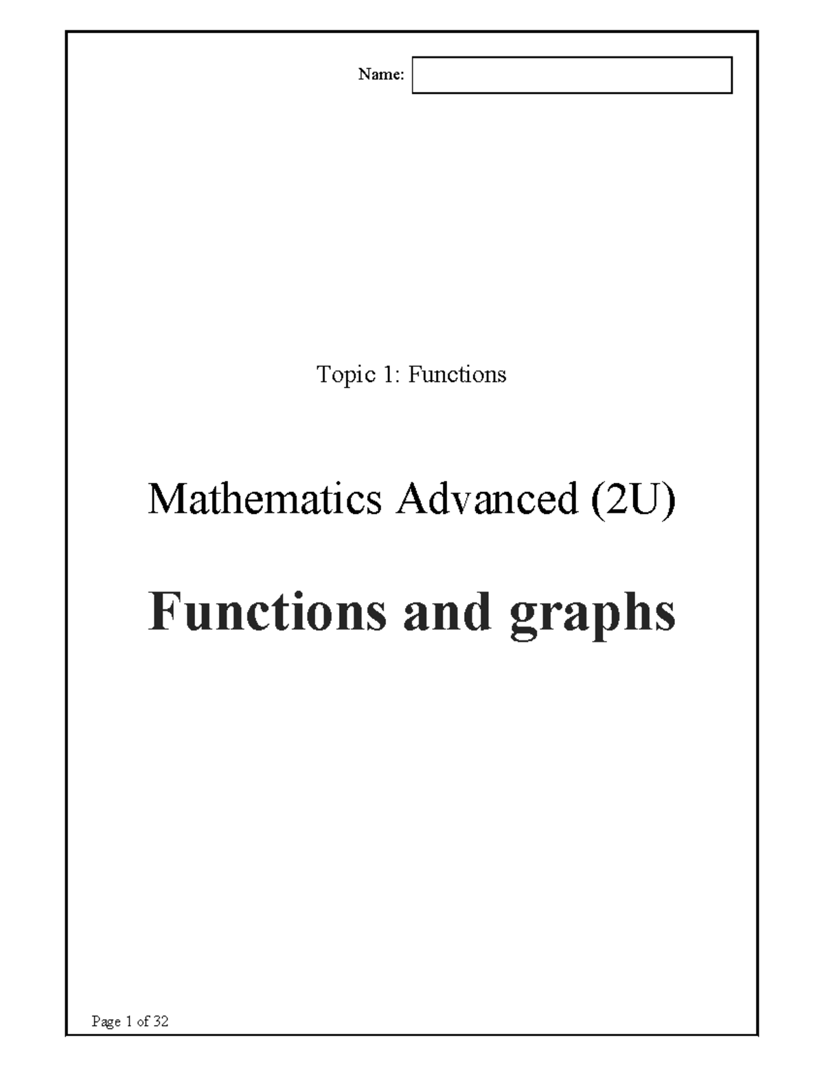Advanced Mathematics (2U) Topic 1: Functions Overview - Studocu