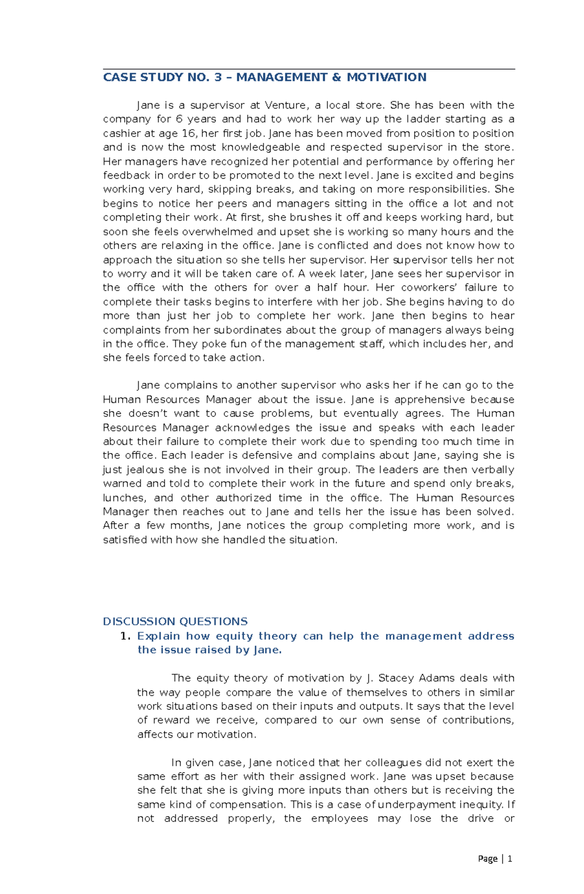 CASE Study 3 Management and Motivation - CASE STUDY NO. 3 – MANAGEMENT ...