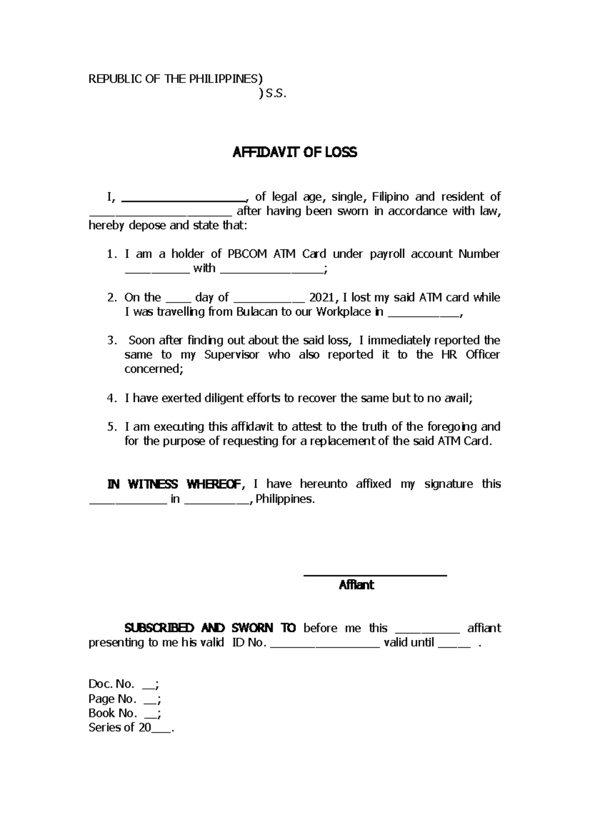 Affidavit of Loss of PBCOM ATM Card - Blank Template - Studocu