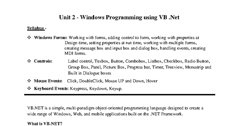 Unit 2: VB.NET Windows Programming Syllabus and Concepts - Studocu