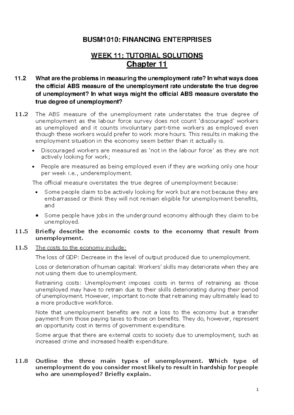 BUSM1010: WEEK 11 TUTORIAL SOLUTIONS on Unemployment & Inflation Issues ...