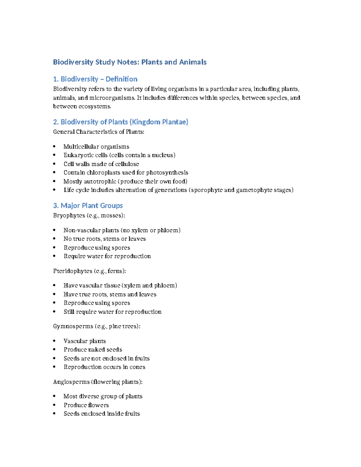 Biodiversity Study Notes: Plants and Animals Overview - Studocu