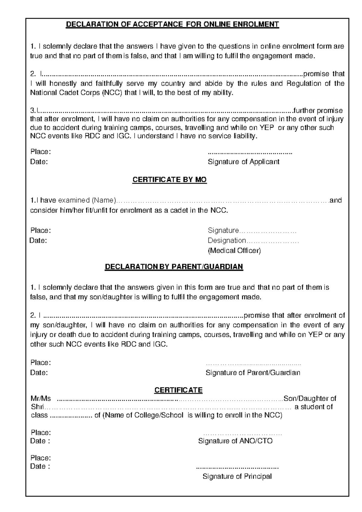 NCC Online Enrolment Final Application Form for Cadets - Studocu