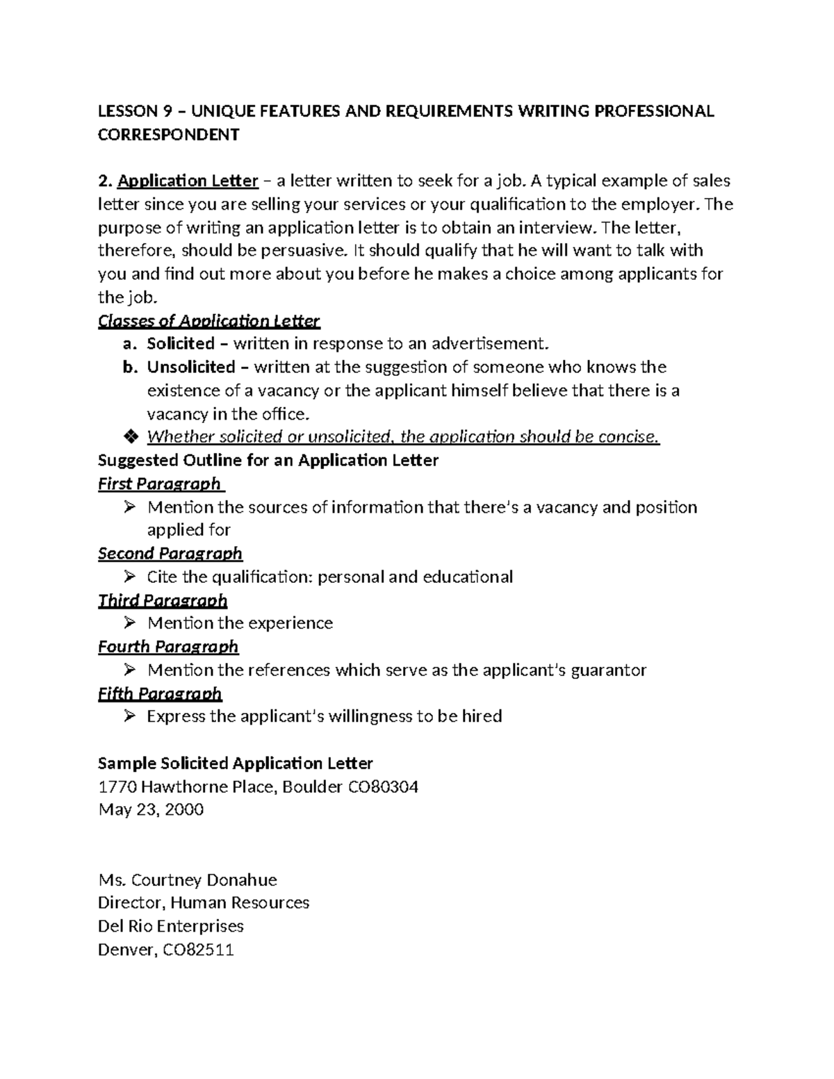 Lesson 9: Unique Features of Professional Application Letters - Studocu