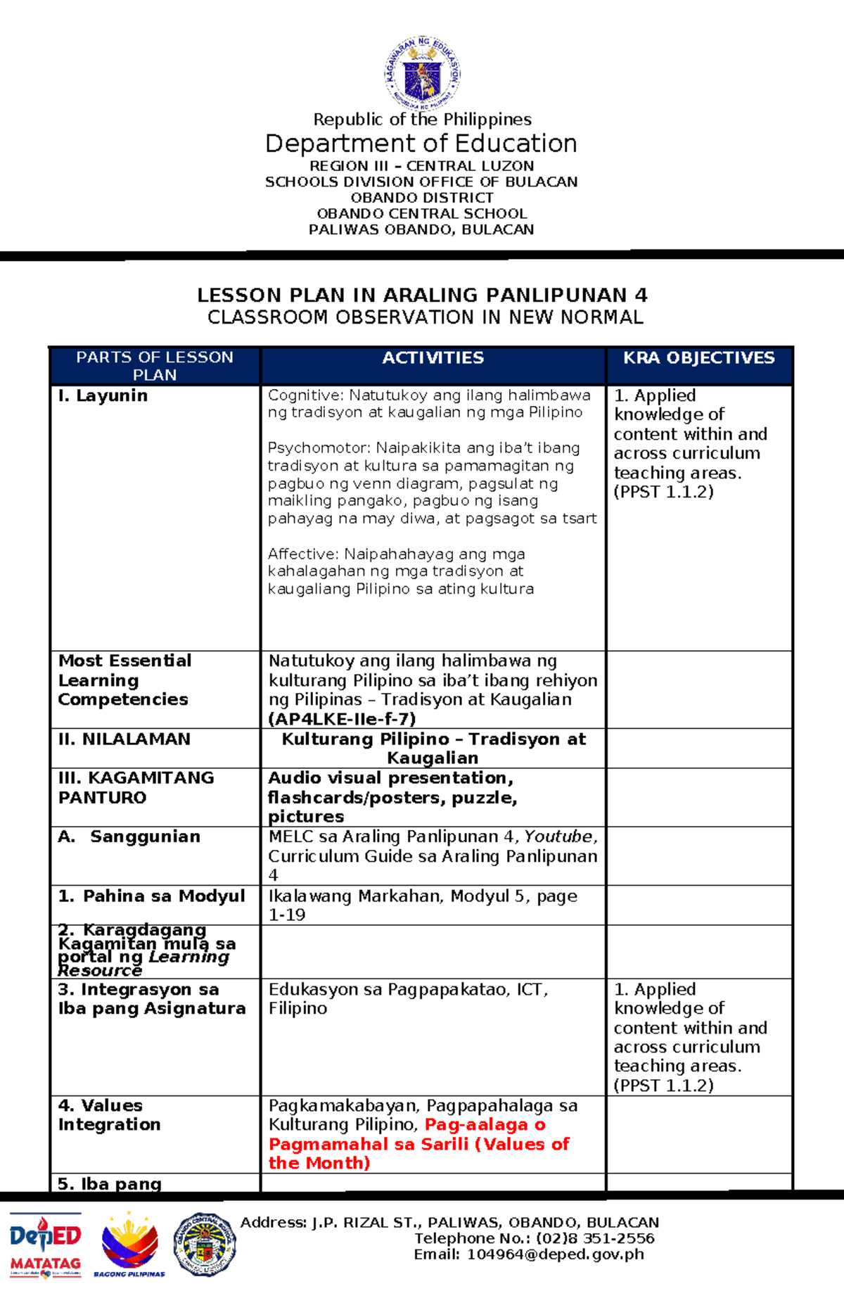 DLP-AP4 CO2: Lesson Plan on Filipino Traditions & Culture - Studocu