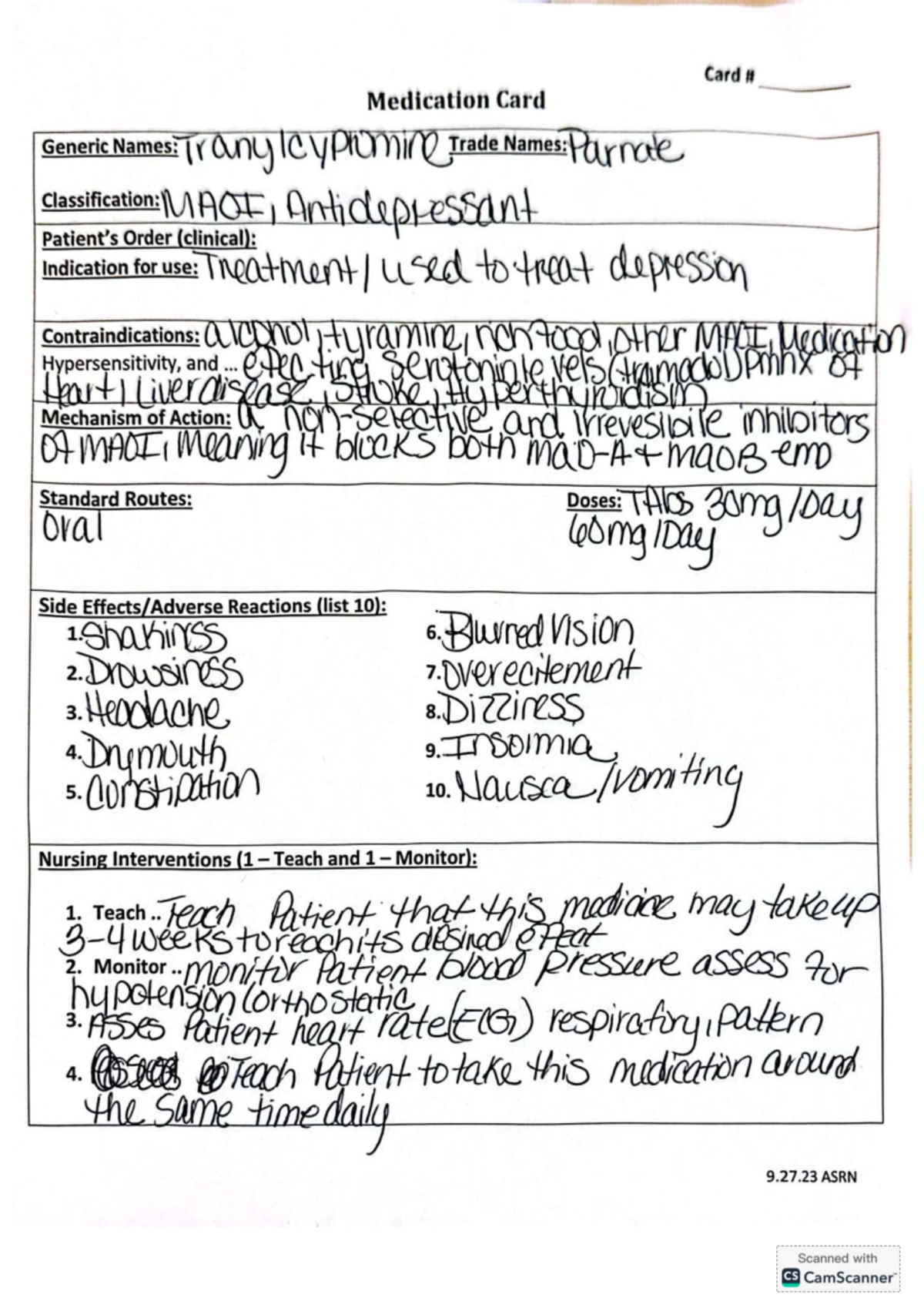 Parnate Med Card: Tranylcypromine Overview & Nursing Considerations ...