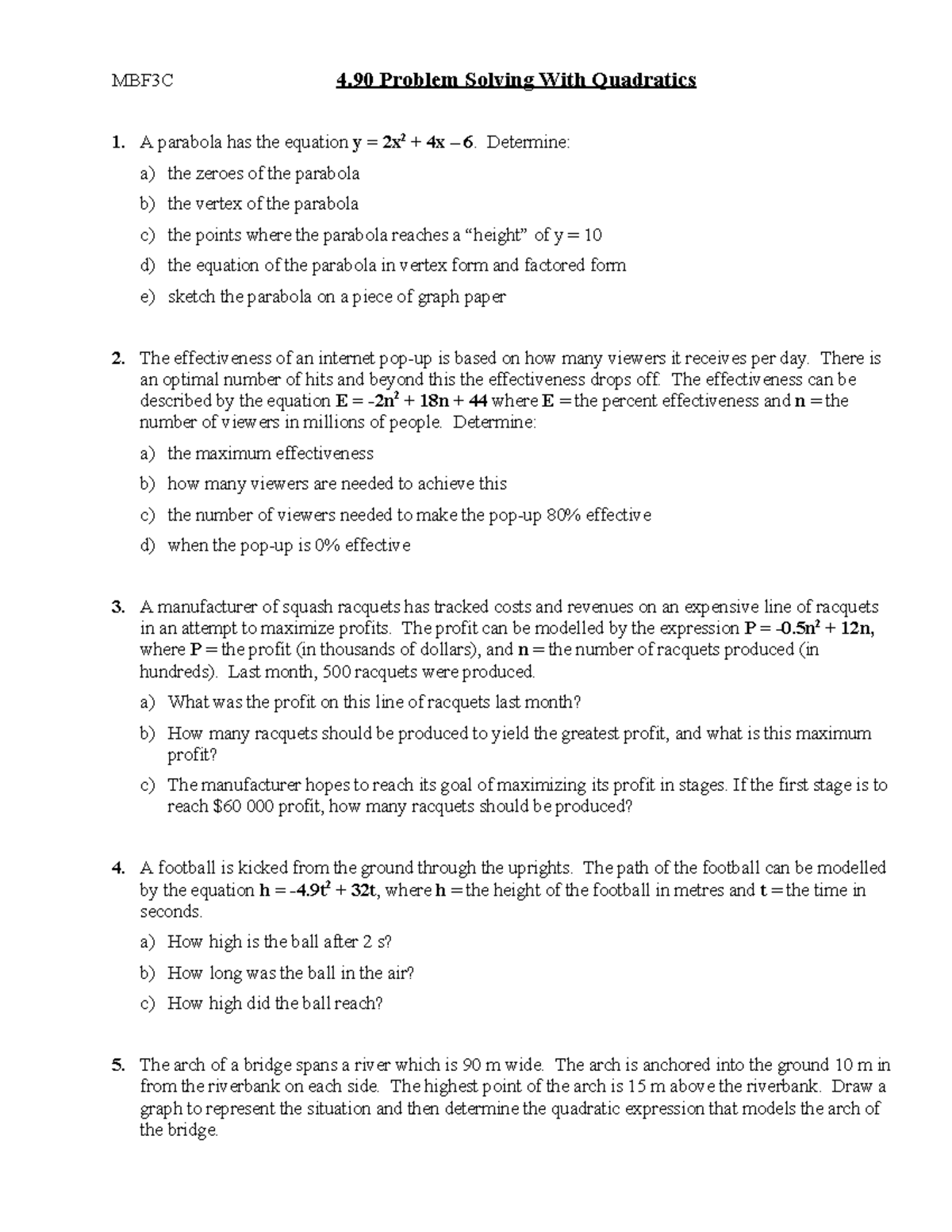 MBF3C Quadratics Practice Problems and Solutions - Studocu