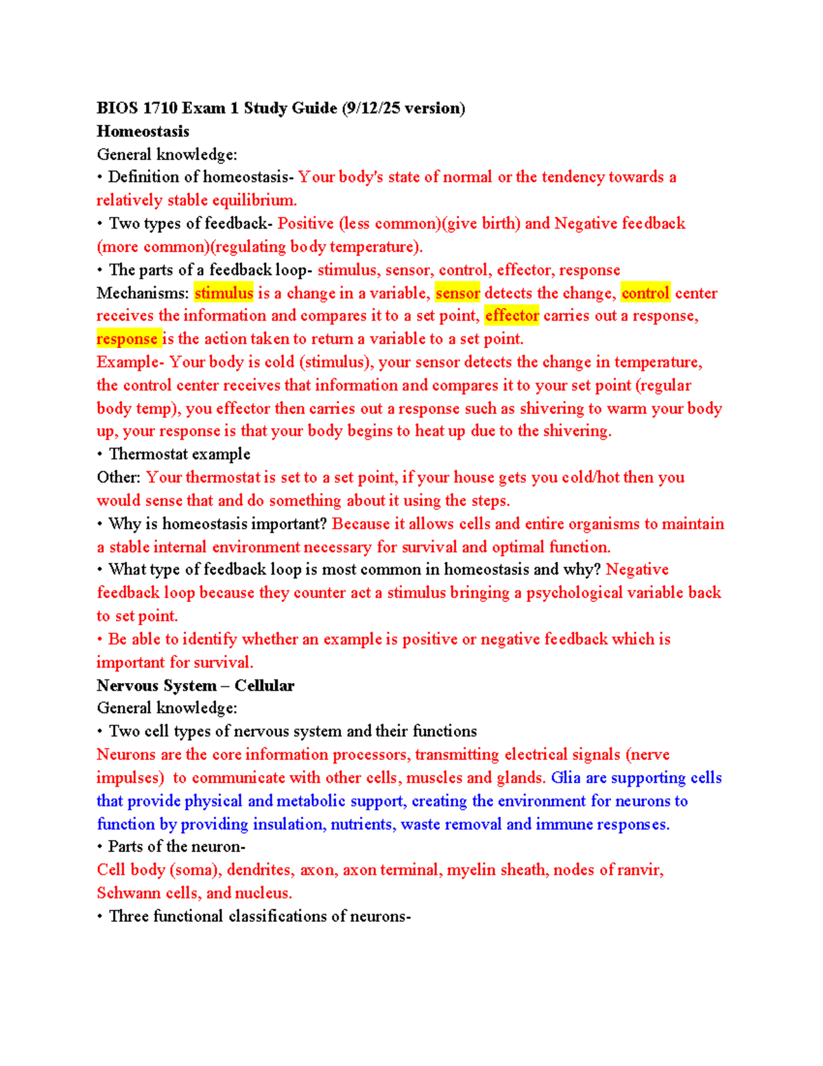 BIOS 1710 Exam 1 Study Guide - Homeostasis & Nervous System Overview ...