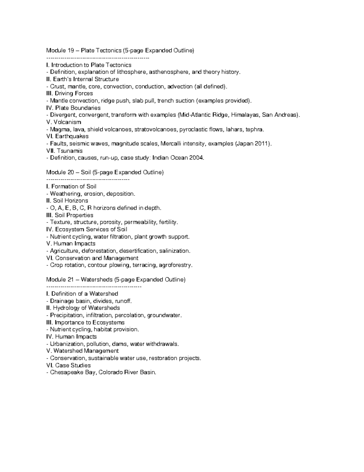 Modules 19-21: Expanded Outlines on Plate Tectonics, Soil, and ...